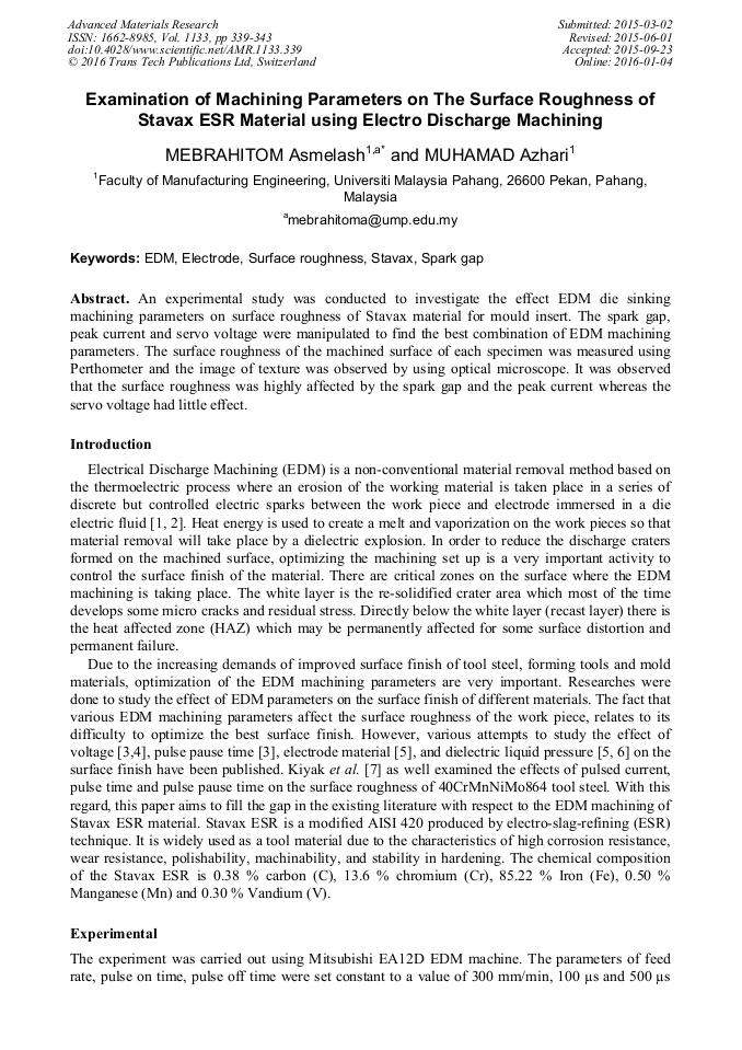 Examination of Machining Parameters on the Surface Roughness of Stavax ...