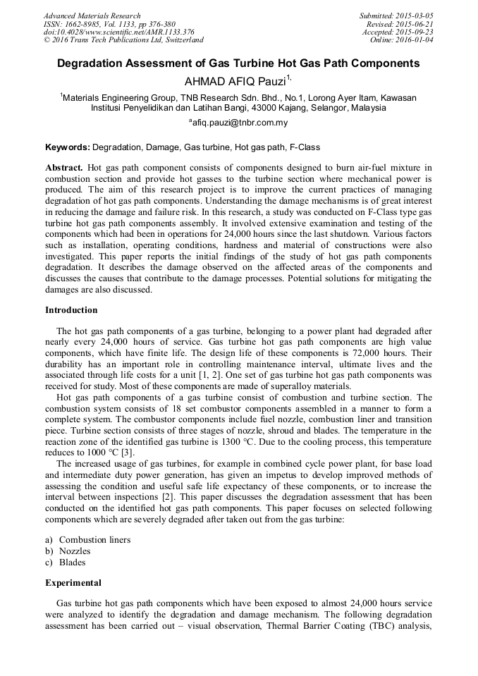 Degradation Assessment of Gas Turbine Hot Gas Path Components ...