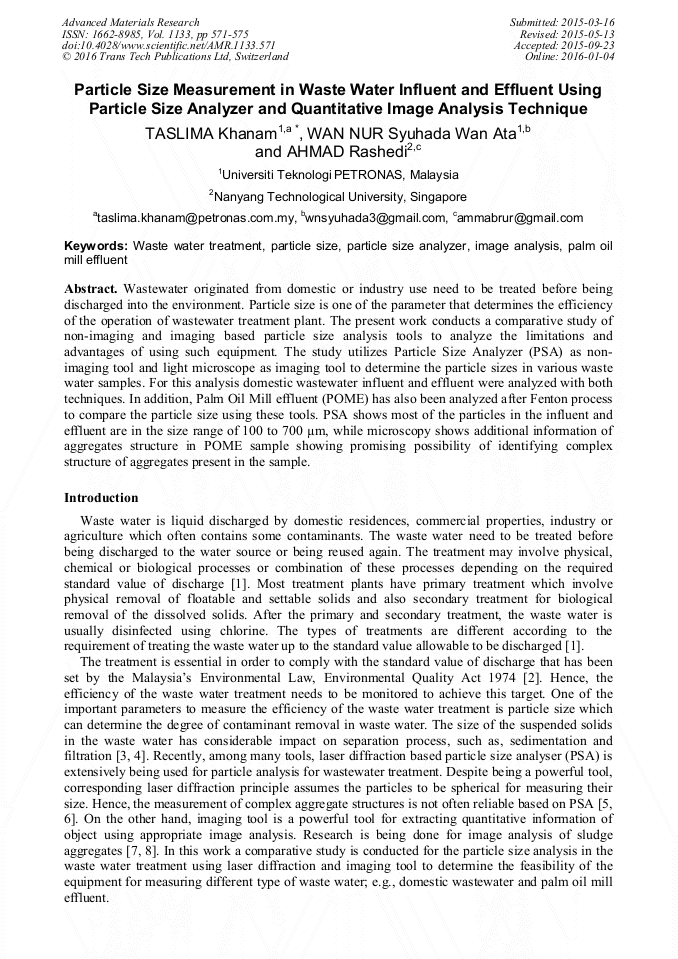 Particle Size Measurement in Waste Water Influent and Effluent Using ...