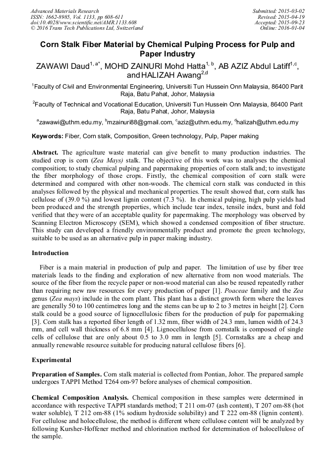 Corn Stalk Fiber Material by Chemical Pulping Process for Pulp and ...