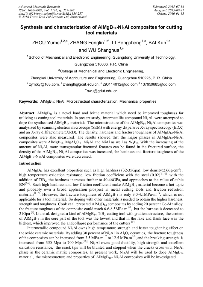 Synthesis and Characterization of AlMgB14-Ni3Al Composites for Cutting ...
