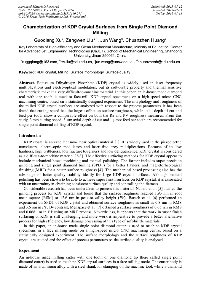 Characterization of KDP Crystal Surfaces from Single Point Diamond ...