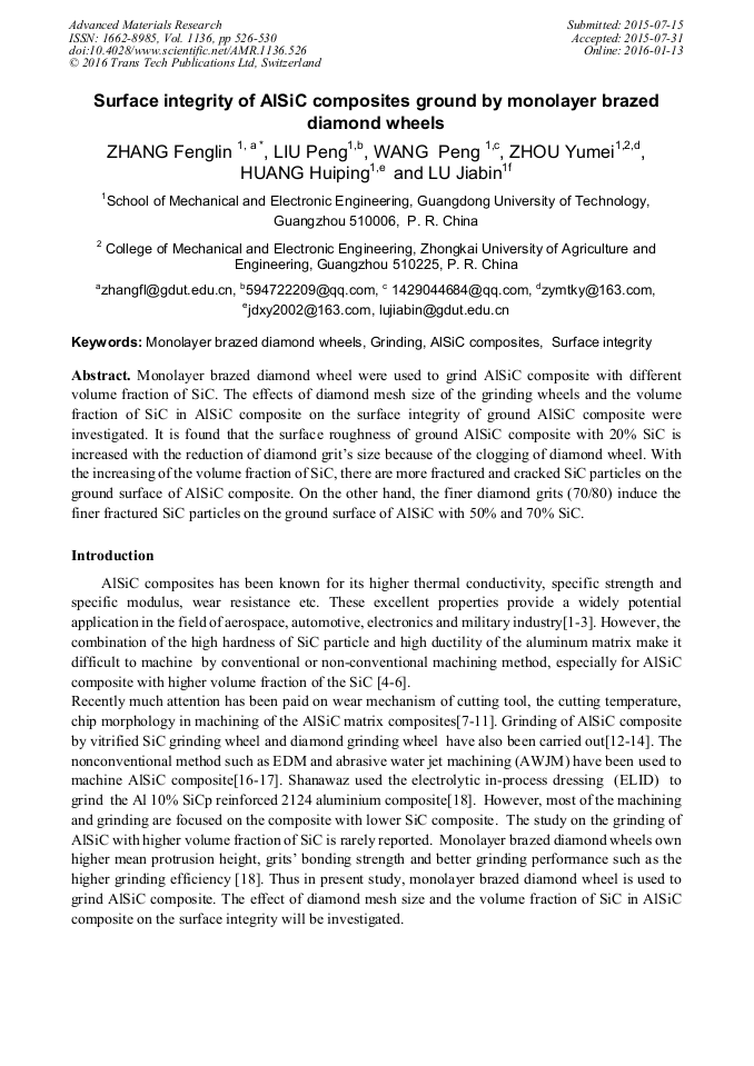 Surface Integrity of AlSiC Composites Ground by Monolayer Brazed ...