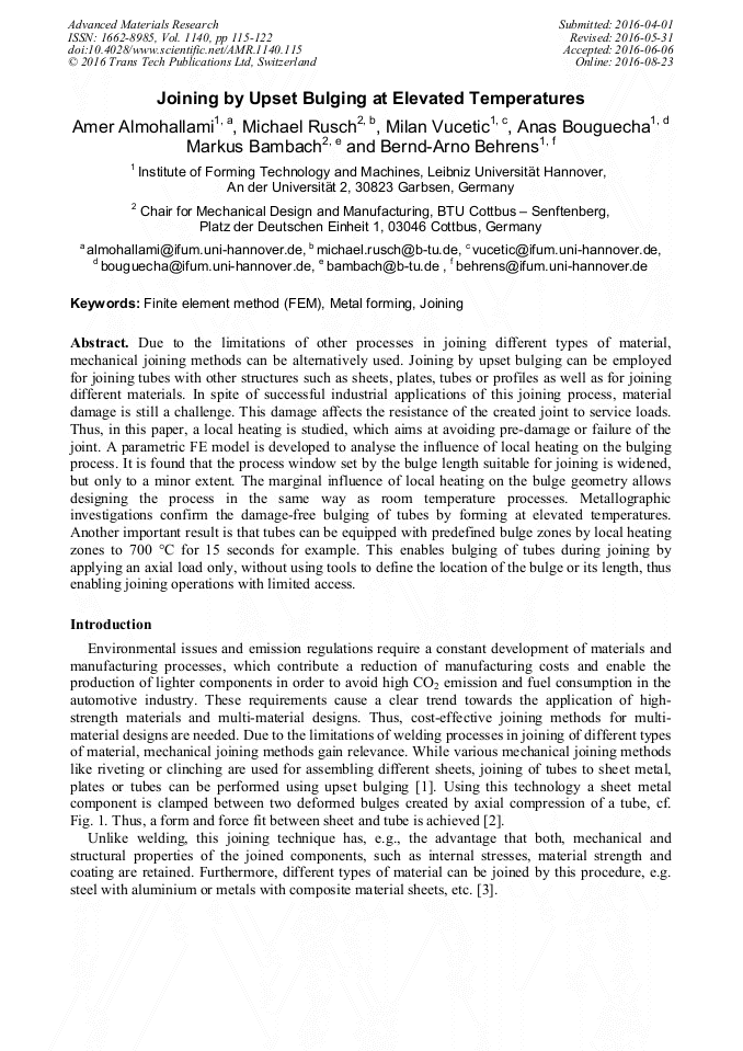 Joining by Upset Bulging at Elevated Temperatures | Scientific.Net