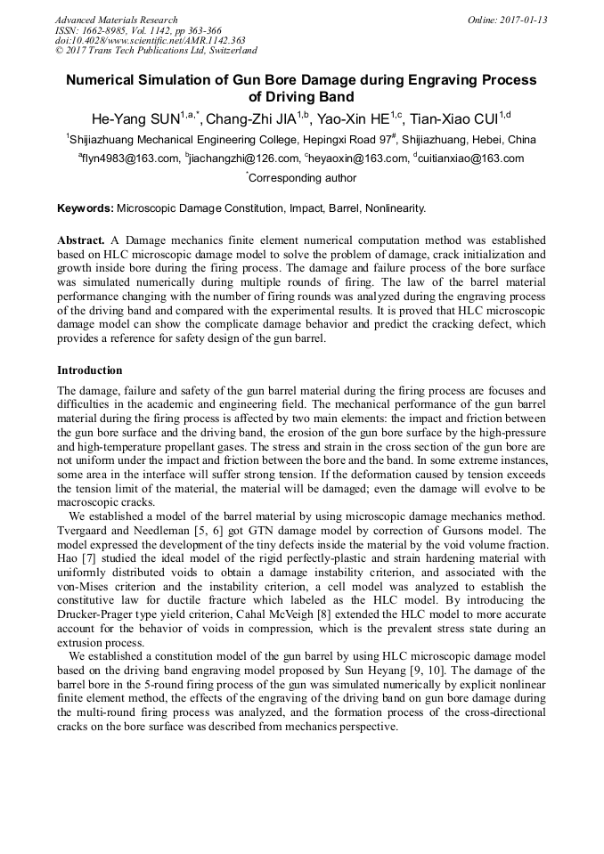 Numerical Simulation of Gun Bore Damage during Engraving Process of ...
