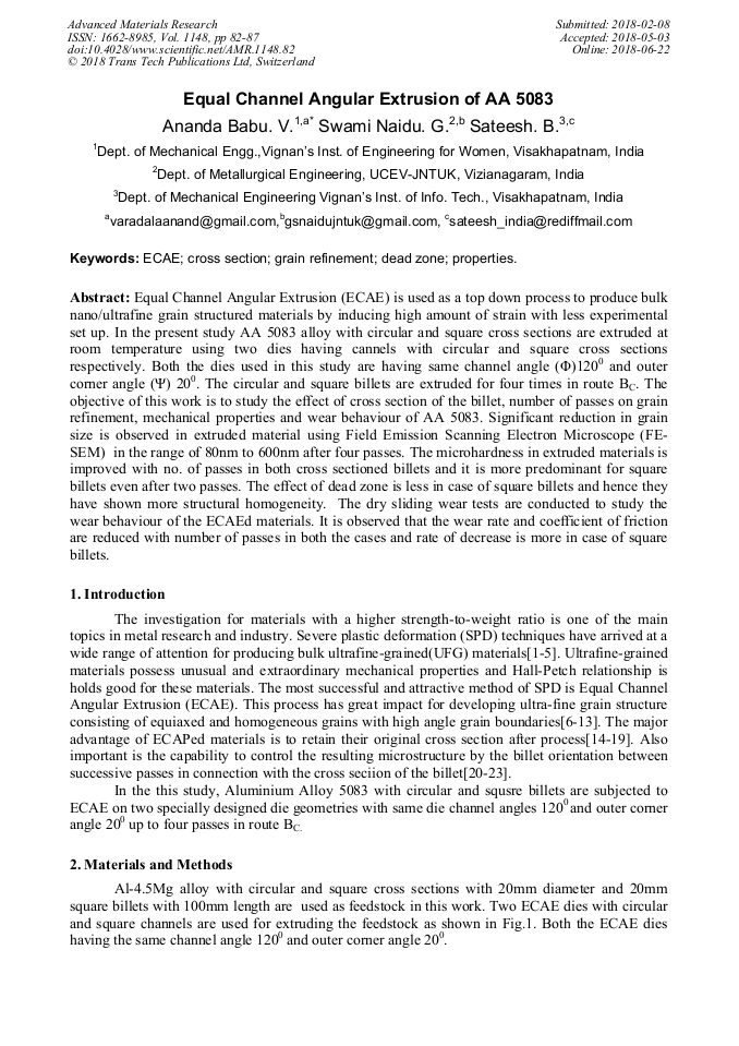Equal Channel Angular Extrusion of AA 5083 | Scientific.Net