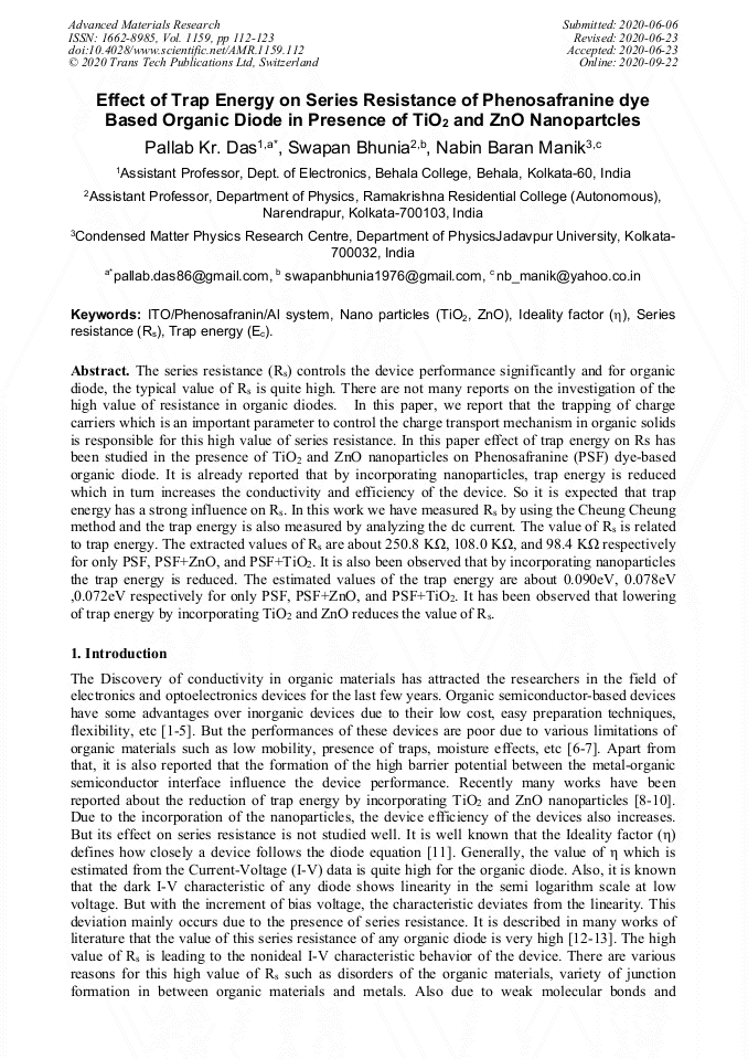 Effect of Trap Energy on Series Resistance of Phenosafranine Dye Based ...