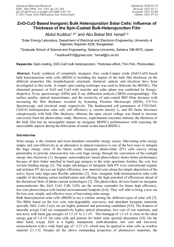 ZnO-CuO Based Inorganic Bulk Heterojunction Solar Cells: Influence of ...