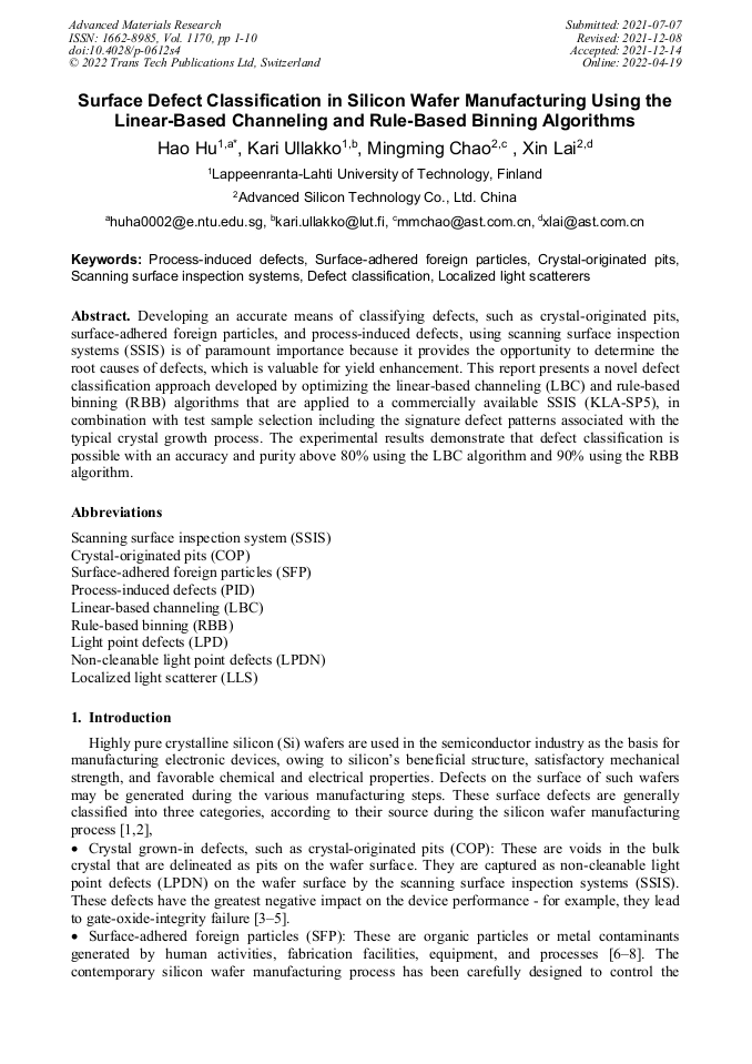 Surface Defect Classification in Silicon Wafer Manufacturing Using the Linear-Based Channeling ...