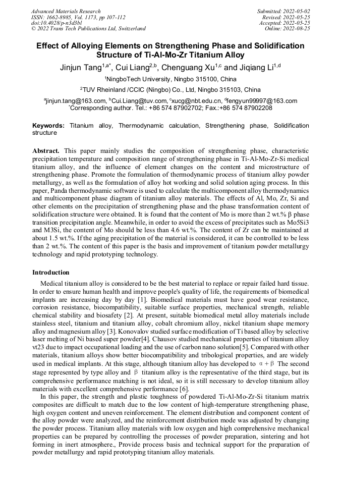 Effect of Alloying Elements on Strengthening Phase and Solidification Structure of Ti-Al-Mo-Zr ...