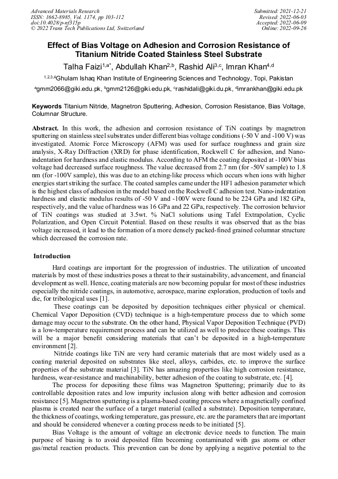 Effect of Bias Voltage on Adhesion and Corrosion Resistance of Titanium ...
