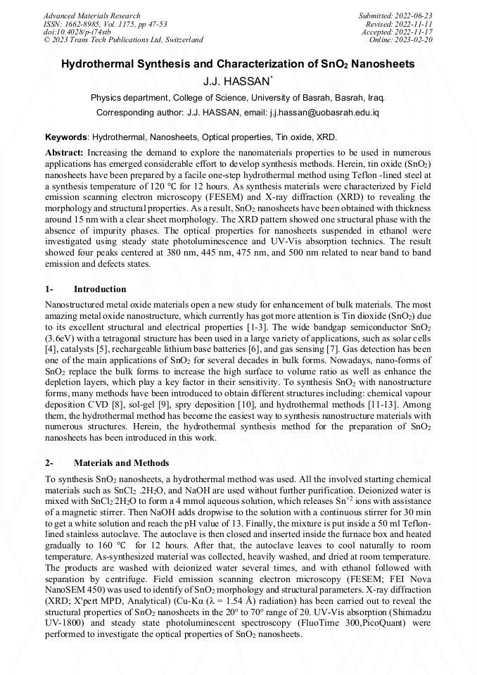 Hydrothermal Synthesis and Characterization of SnO2 Nanosheets ...