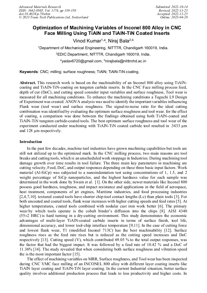 Optimization of Machining Variables of Inconel 800 Alloy in CNC Face ...