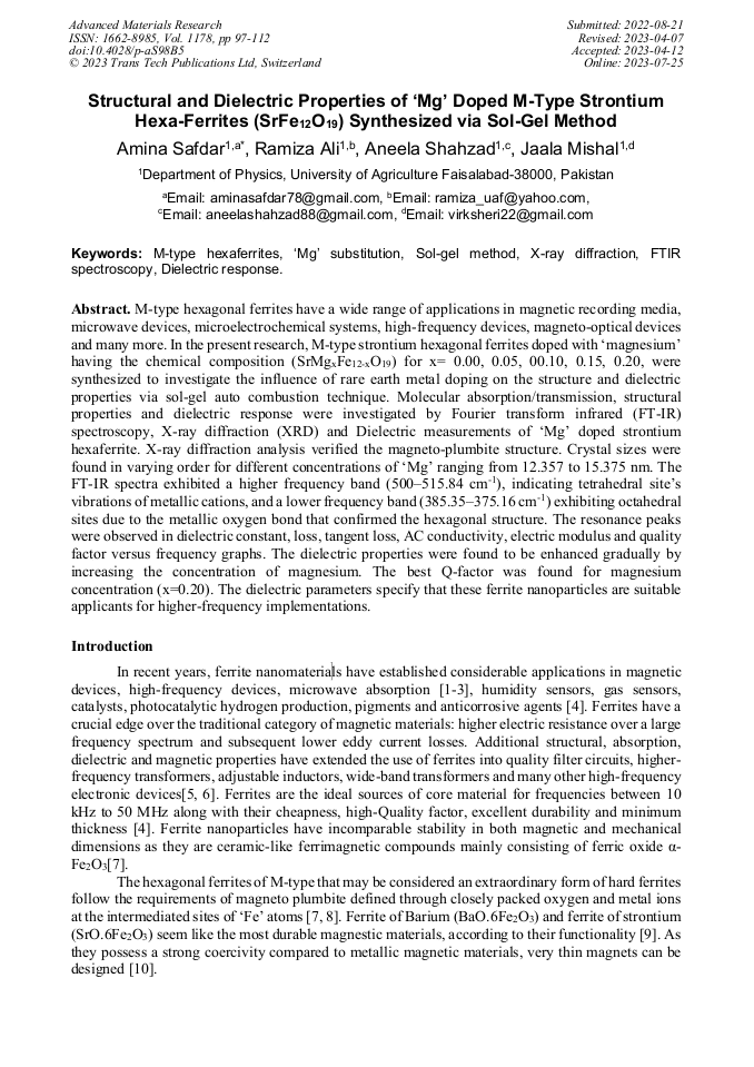 Structural and Dielectric Properties of ‘Mg’ Doped M-Type Strontium ...