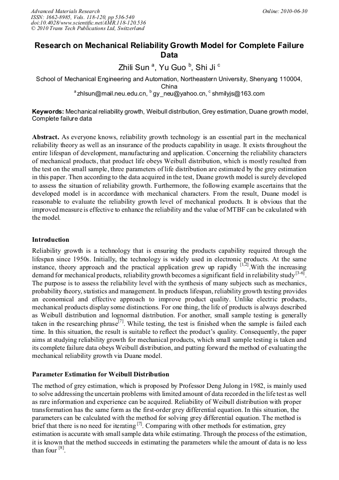 Research on Mechanical Reliability Growth Model for Complete Failure ...