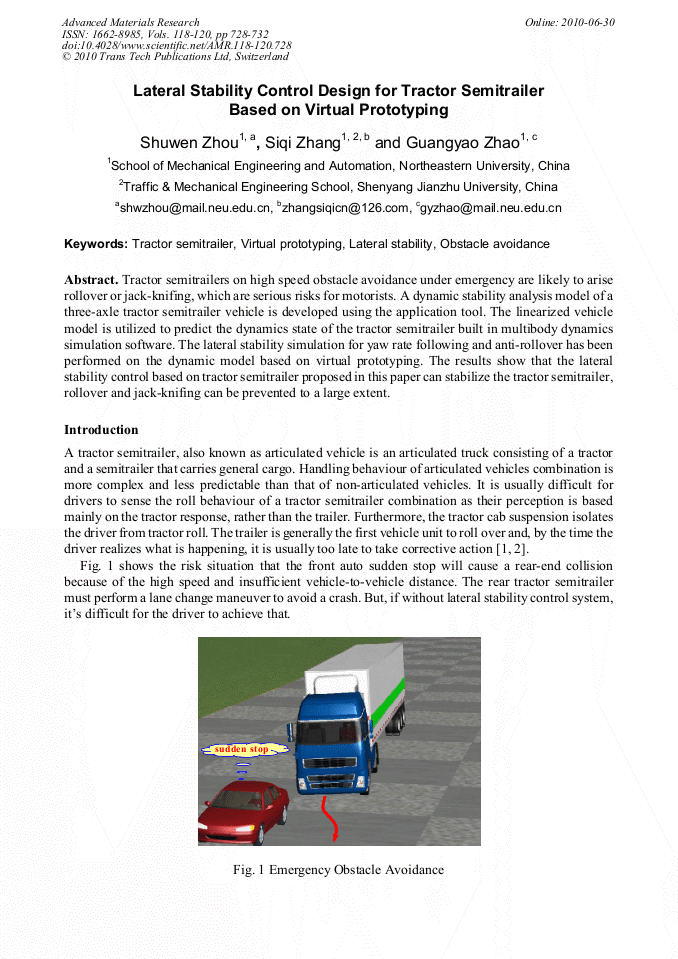 Lateral Stability Control Design for Tractor Semitrailer Based on ...