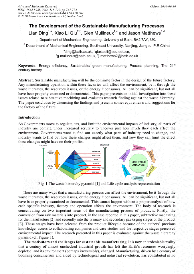 The Development of the Sustainable Manufacturing Processes | Scientific.Net