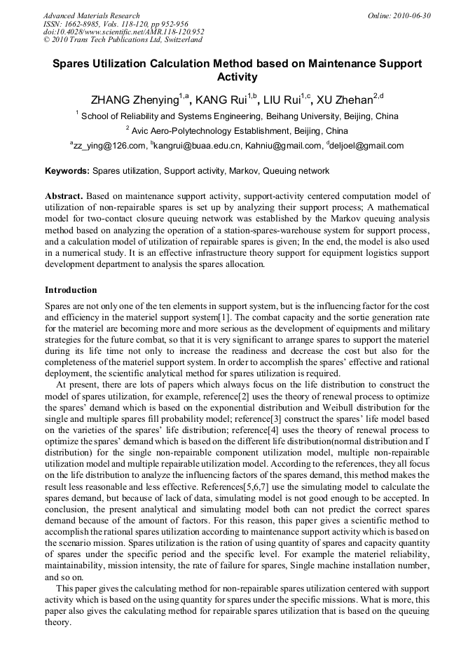 Spares Utilization Calculation Method Based on Maintenance Support ...