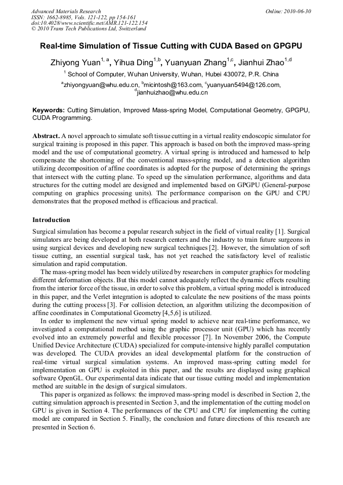 Real-Time Simulation of Tissue Cutting with CUDA Based on GPGPU | Scientific.Net