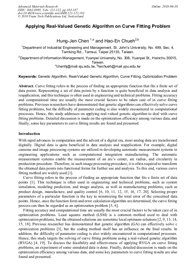 Applying Real-Valued Genetic Algorithm on Curve Fitting Problem | Scientific.Net