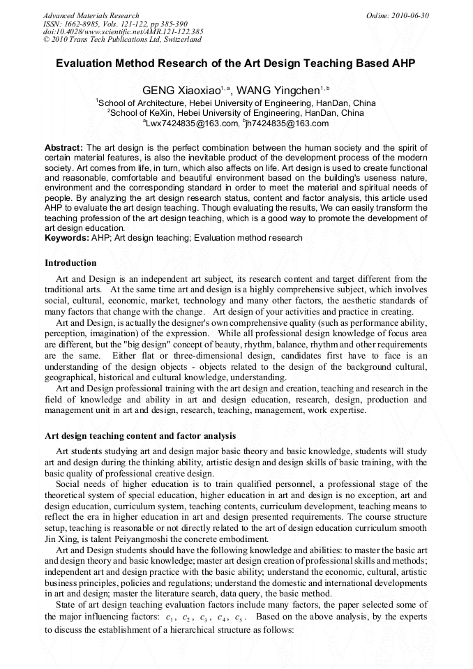 Evaluation Method Research Of The Art Design Teaching Based AHP evaluation-method-research-of-the-art-design-teaching-based-ahp