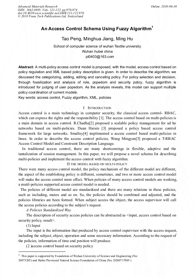 An Access Control Schema Using Fuzzy Algorithm Scientificnet