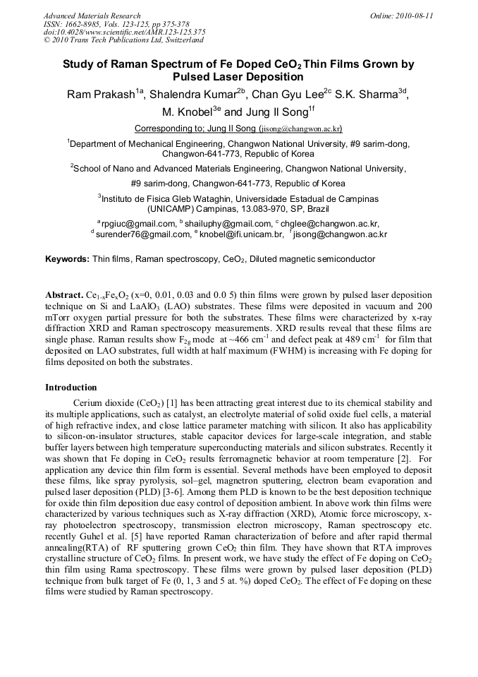 Study of Raman Spectrum of Fe Doped CeO2 Thin Films Grown by Pulsed ...