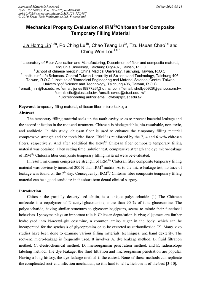 Mechanical Property Evaluation of IRM®/Chitosan Fiber Composite ...