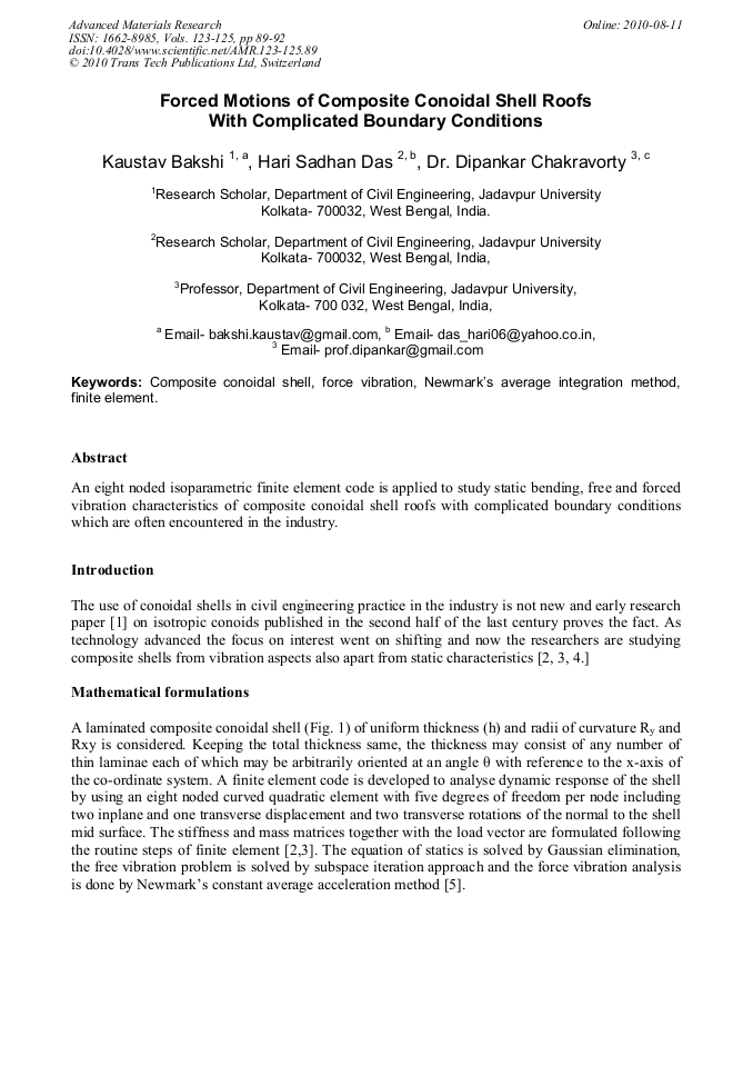 Forced Motions of Composite Conoidal Shell Roofs with Complicated ...