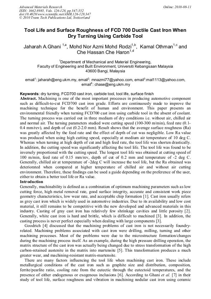 Tool Life and Surface Roughness of FCD 700 Ductile Cast Iron when Dry ...