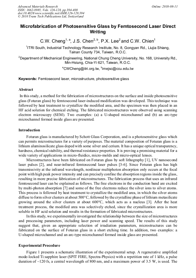 Microfabrication of Photosensitive Glass by Femtosecond Laser Direct ...