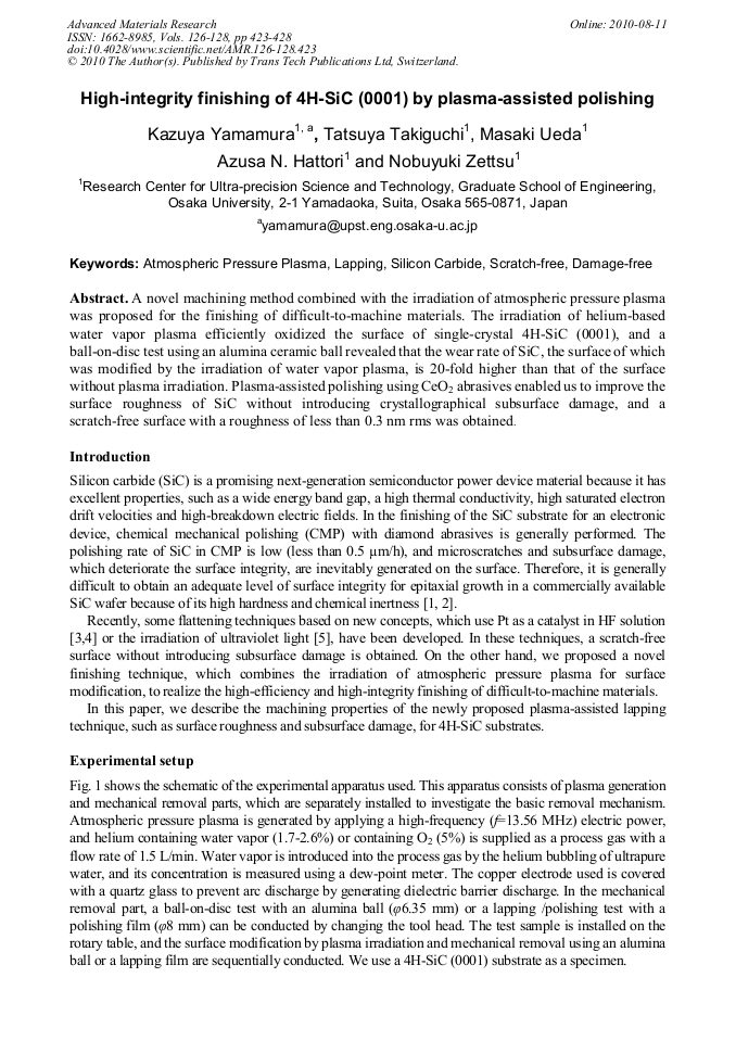 High-Integrity Finishing of 4H-SiC (0001) by Plasma-Assisted Polishing | Scientific.Net