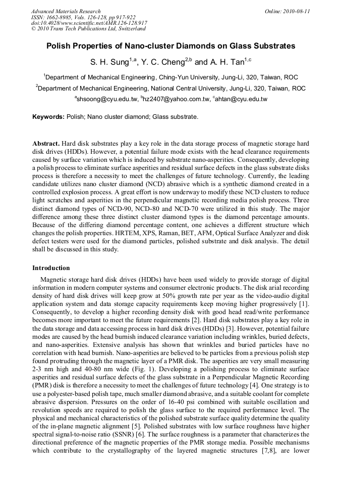 Polish Properties of Nano-Cluster Diamonds on Glass Substrates ...