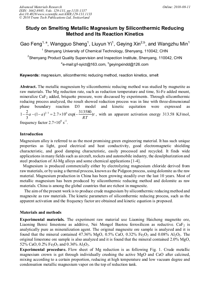 Study on Smelting Metallic Magnesium by Siliconthermic Reducing Method ...