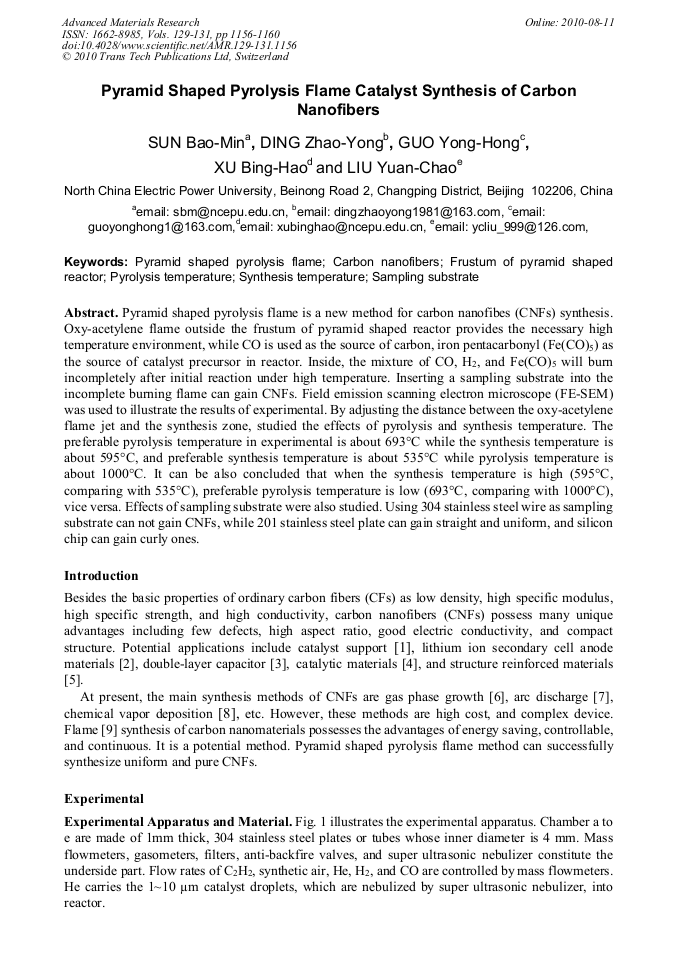 Pyramid Shaped Pyrolysis Flame Catalyst Synthesis of Carbon Nanofibers ...