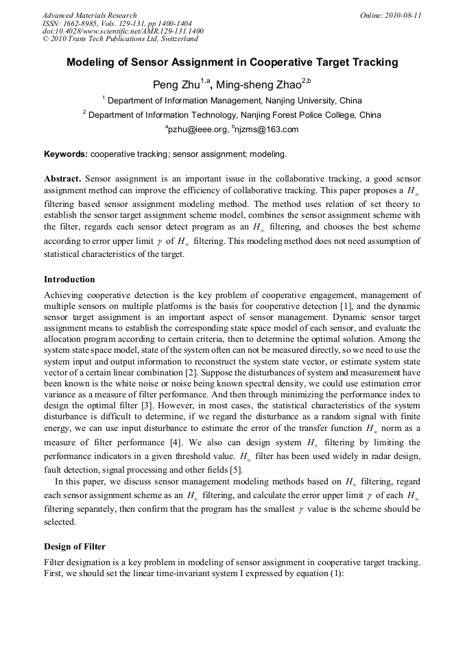 Modeling of Sensor Assignment in Cooperative Target Tracking | Scientific.Net