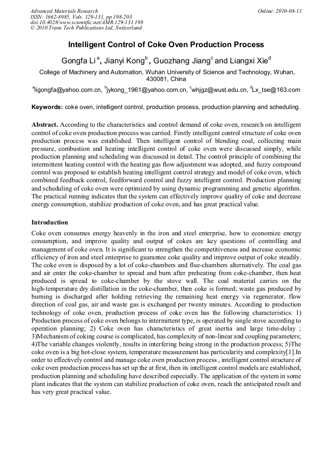 Intelligent Control of Coke Oven Production Process | Scientific.Net