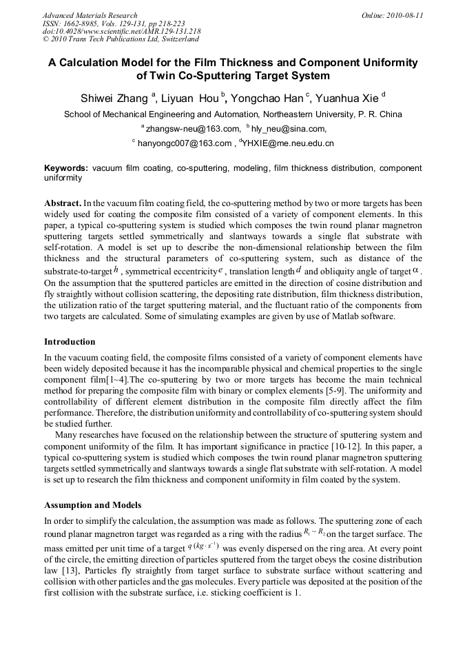 A Calculation Model for the Film Thickness and Component Uniformity of ...