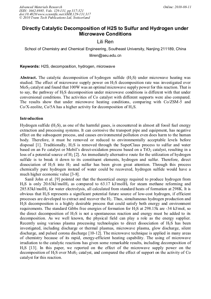 Directly Catalytic Decomposition of H2S to Sulfur and Hydrogen under ...