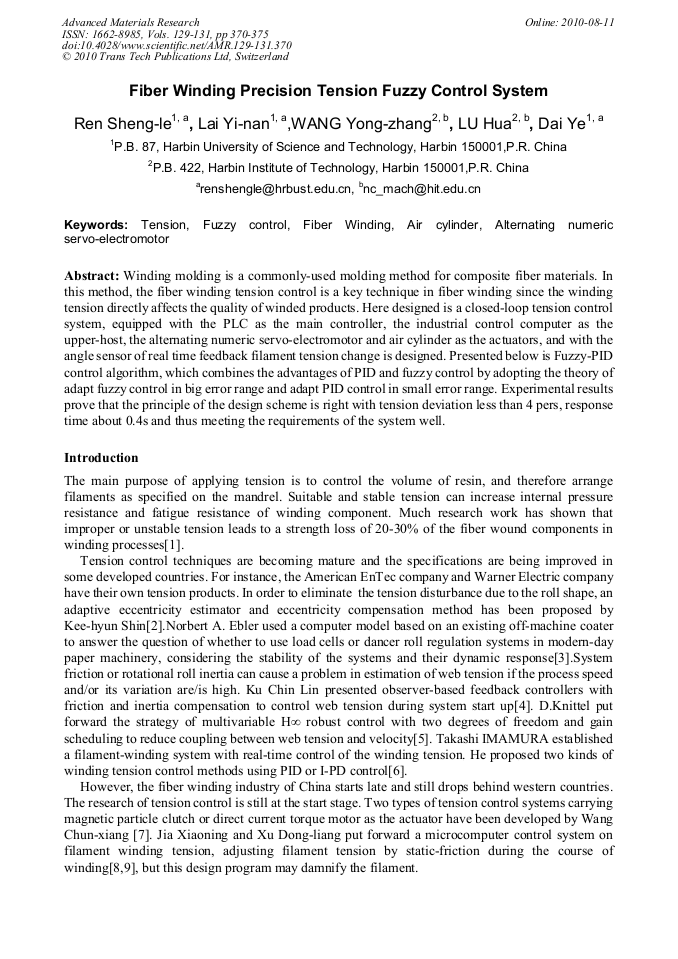 Fiber Winding Precision Tension Fuzzy Control System | Scientific.Net