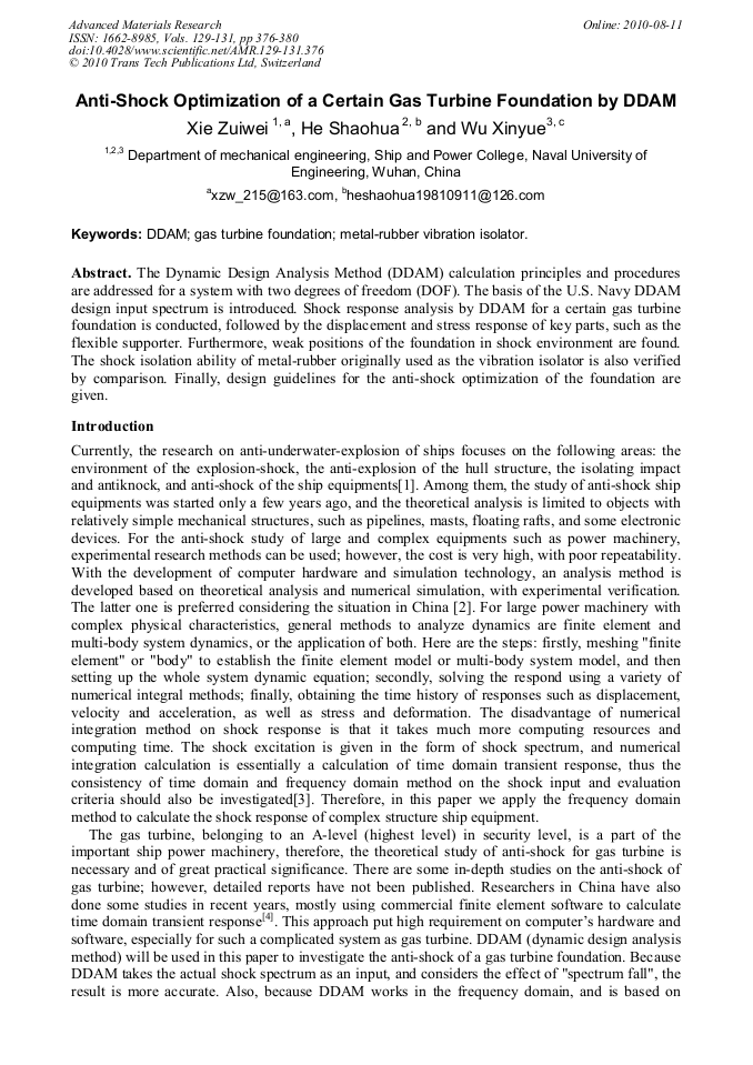 Anti-Shock Optimization of a Certain Gas Turbine Foundation by DDAM | Scientific.Net