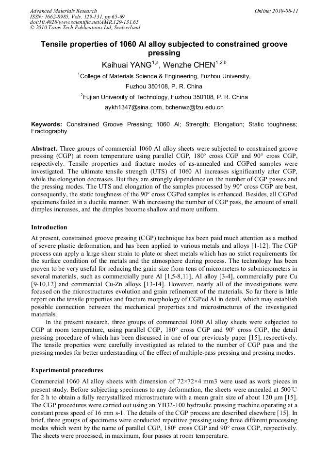 Tensile Properties of 1060 Al Alloy Subjected to Constrained Groove ...