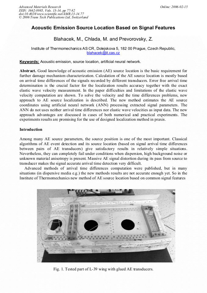 Acoustic Emission Source Location Based on Signal Features | Scientific.Net