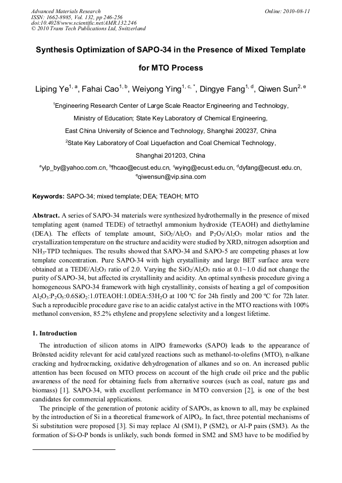 Synthesis Optimization of SAPO-34 in the Presence of Mixed Template for ...