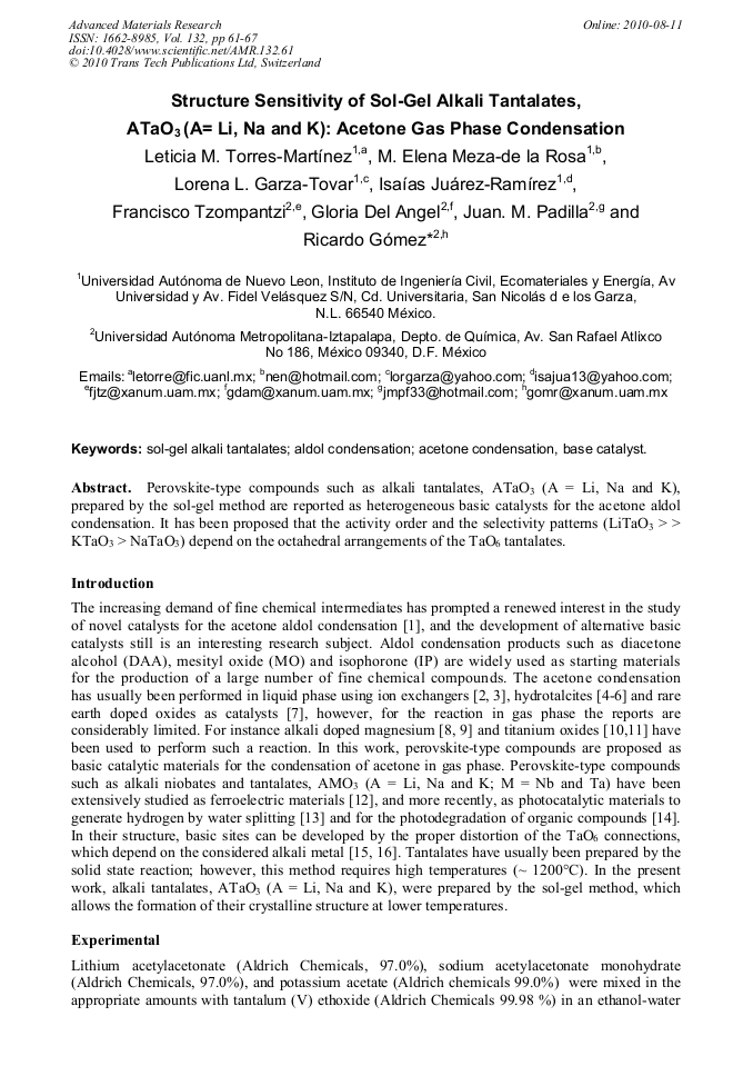 Structure Sensitivity of Sol-Gel Alkali Tantalates, ATaO3 (A= Li, Na ...