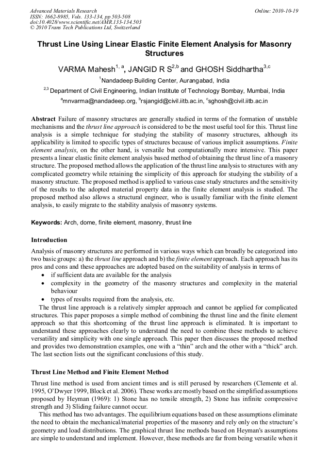 Thrust Line Using Linear Elastic Finite Element Analysis for Masonry Structures | Scientific.Net