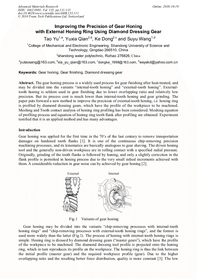 Improving the Precision of Gear Honing with External Honing Ring Using ...
