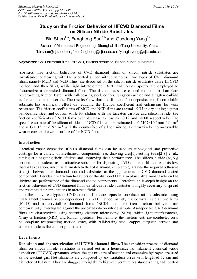 Study on the Friction Behavior of HFCVD Diamond Films on Silicon ...