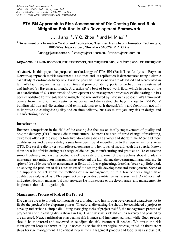 FTA-BN Approach to Risk Assessment of Die Casting Die and Risk ...