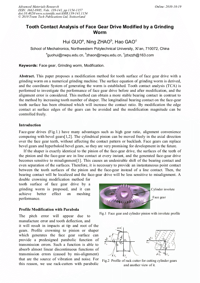 Tooth Contact Analysis of Face Gear Drive Modified by a Grinding Worm ...